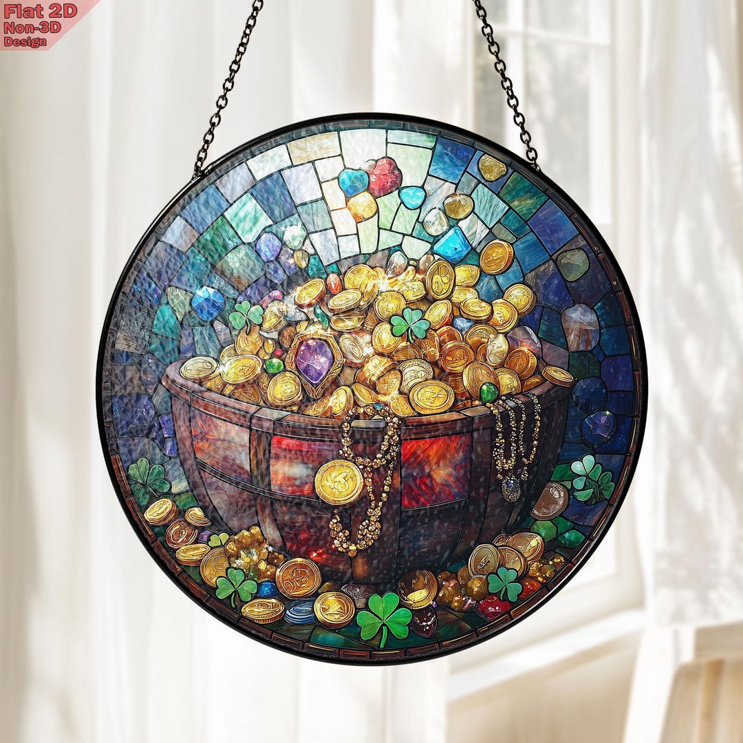 Golden Treasure Chest Stained Glass Suncatcher, Handcrafted Suncatcher ...