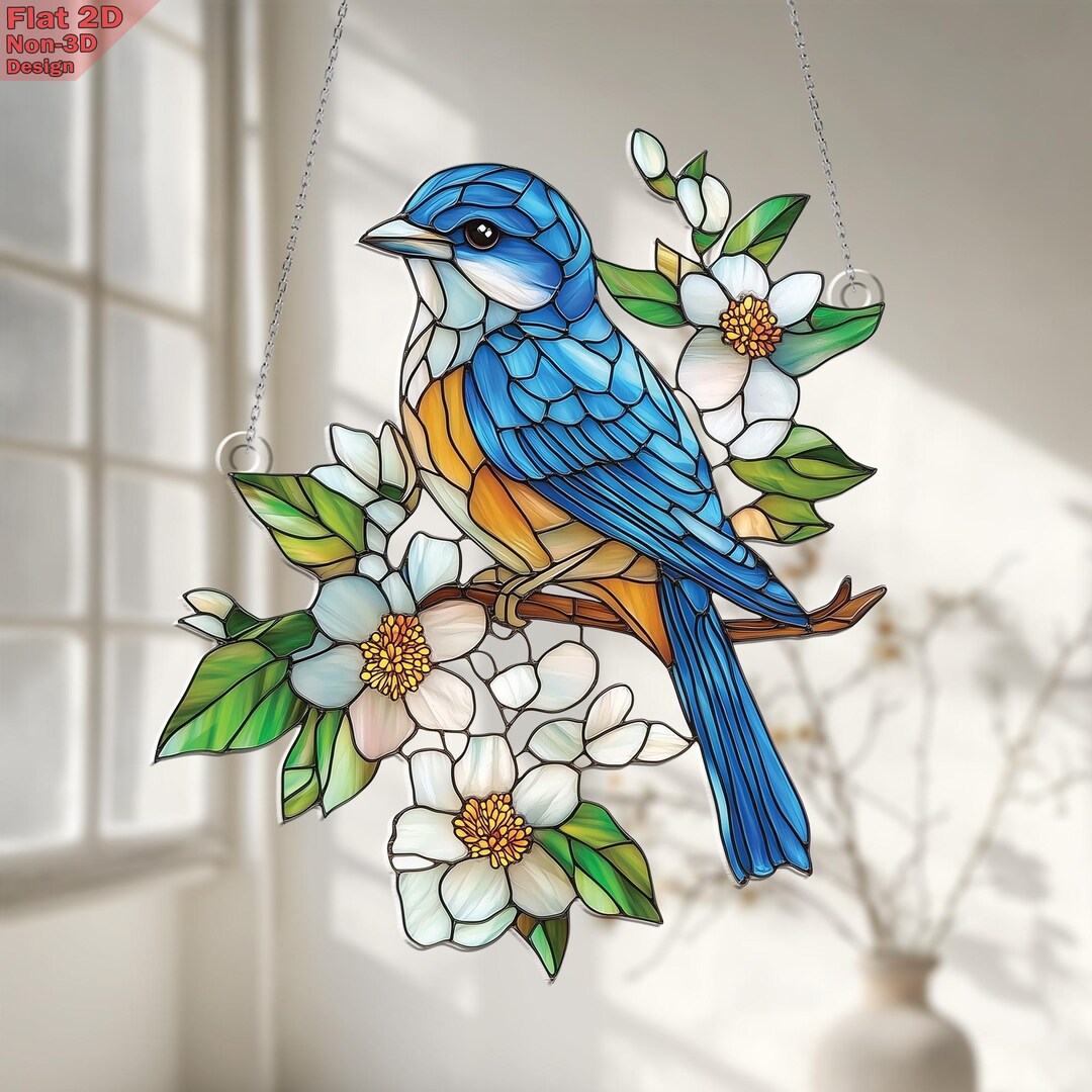 Acrylic 2D Flat Bluebird Window Hanging, Floral Art, Nature-inspired ...