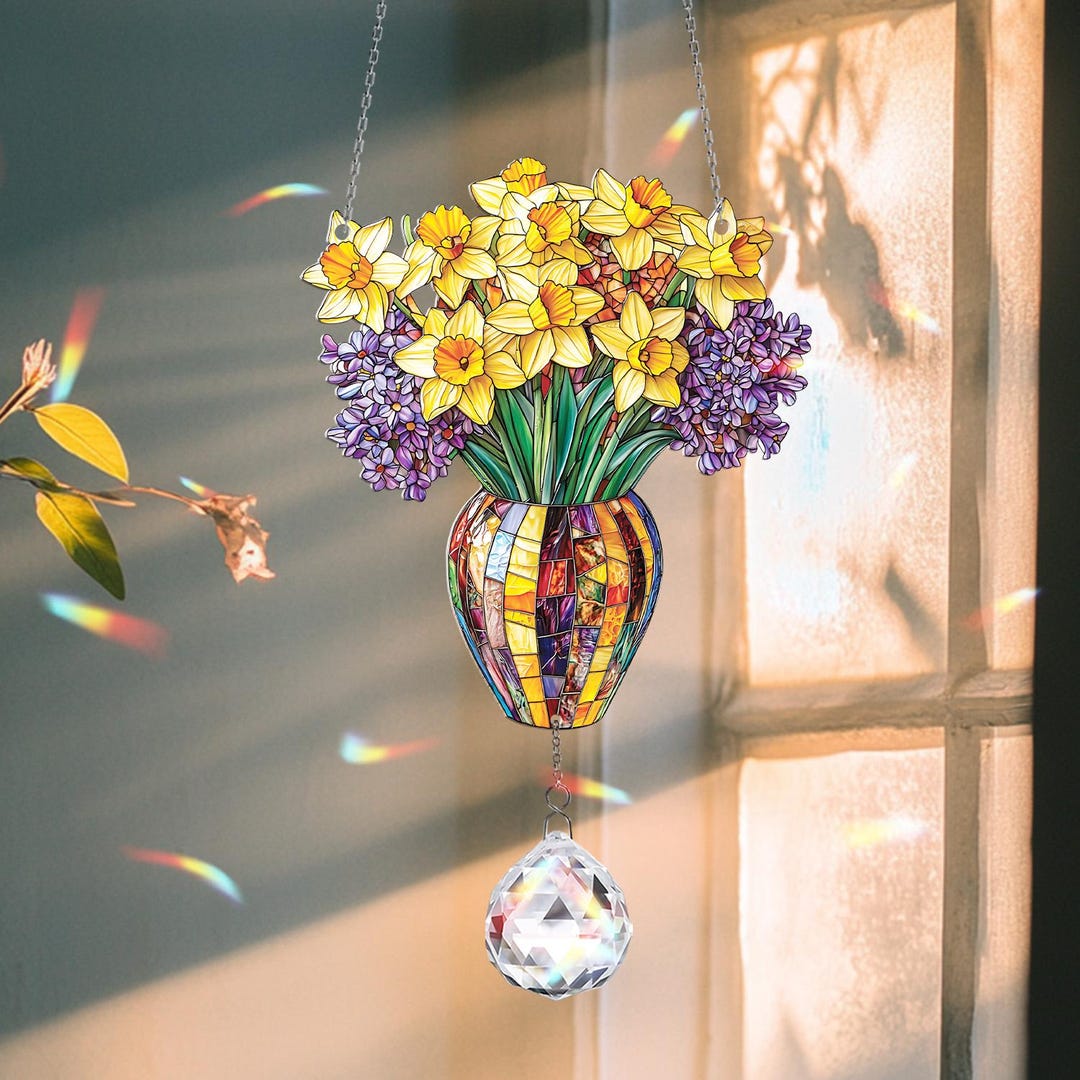 Yellow Daffodil Flower Vase Window Hanging, Acrylic 2D Flat Charm ...
