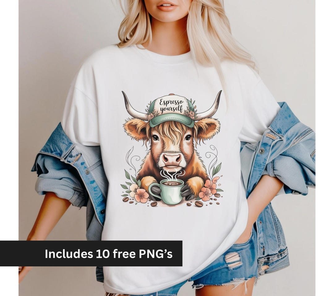 Grumpy Highland Cow Png, Sage Cranky Coffee Lover Png, Fluffy Cow ...