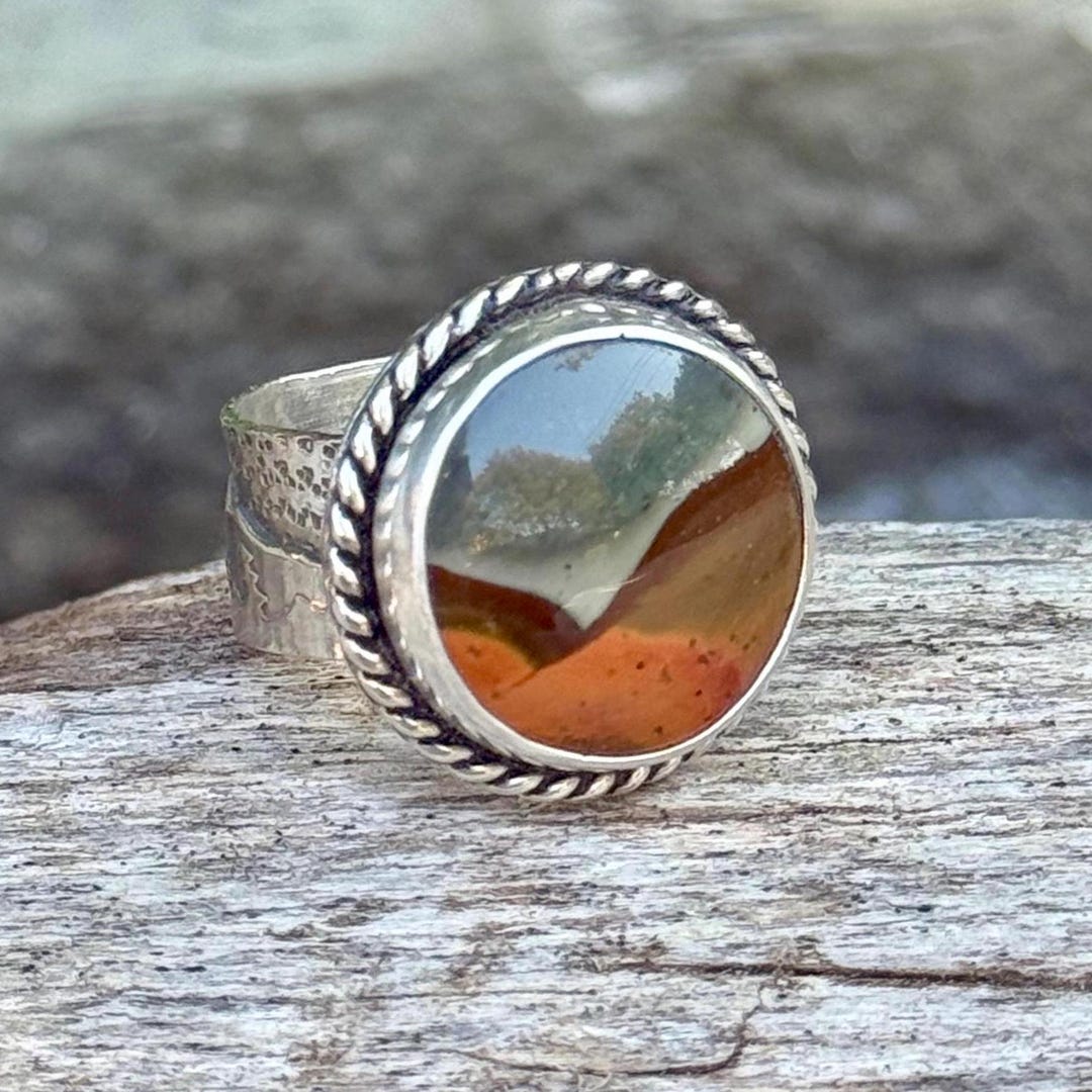 Polychrome Jasper Sterling Silver Ring Size 8, Picture Jasper Ring ...