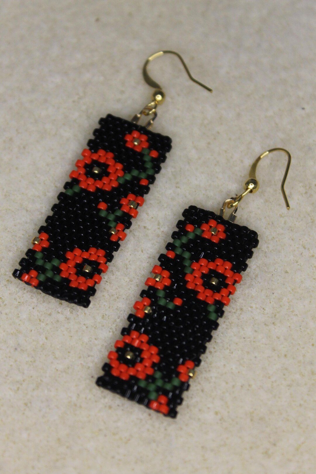 Handmade Beaded Earrings – Floral Pattern on Black | Boho Statement ...