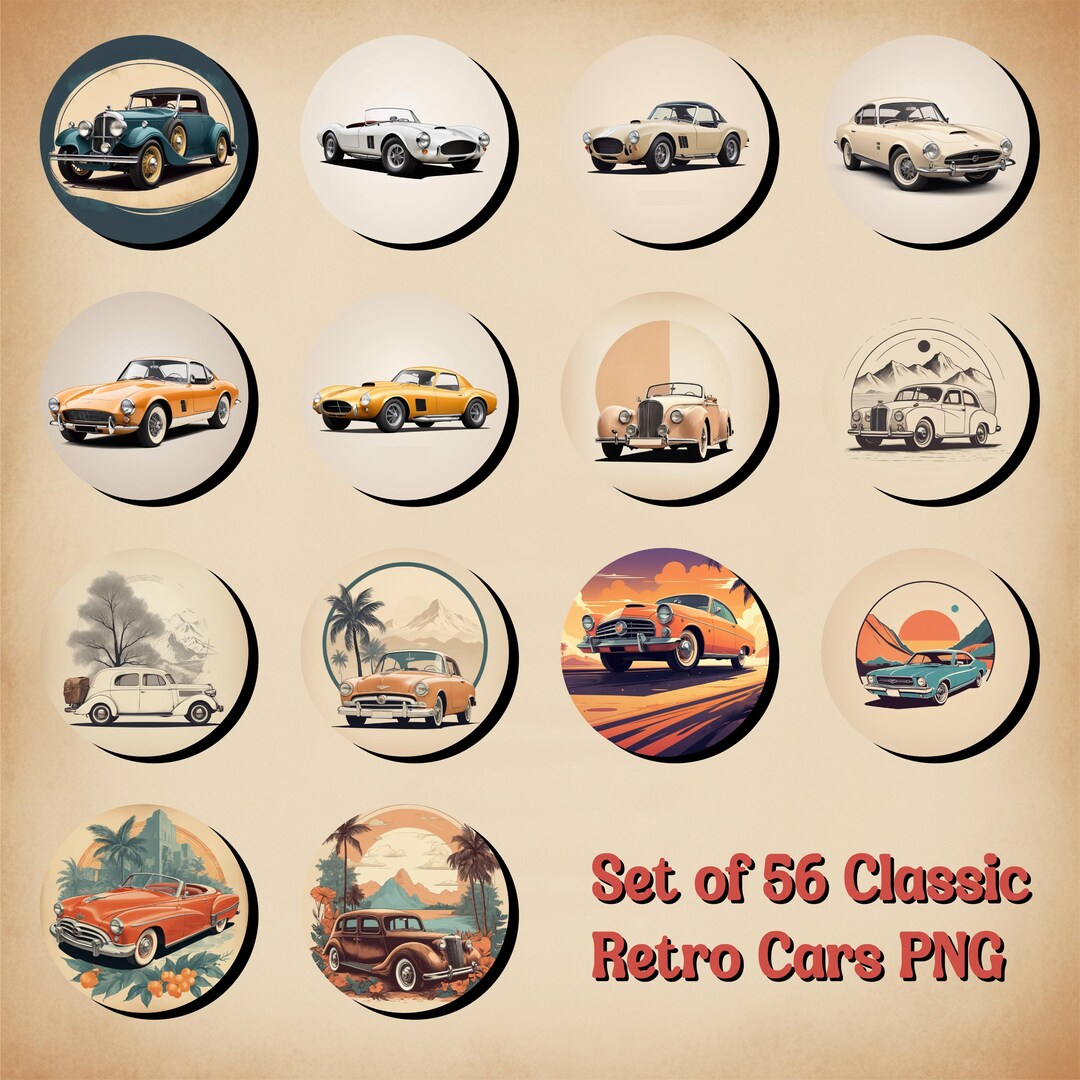 Vintage Car Clipart Bundle, Set of 56 Classic Cars Illustrations, Retro ...