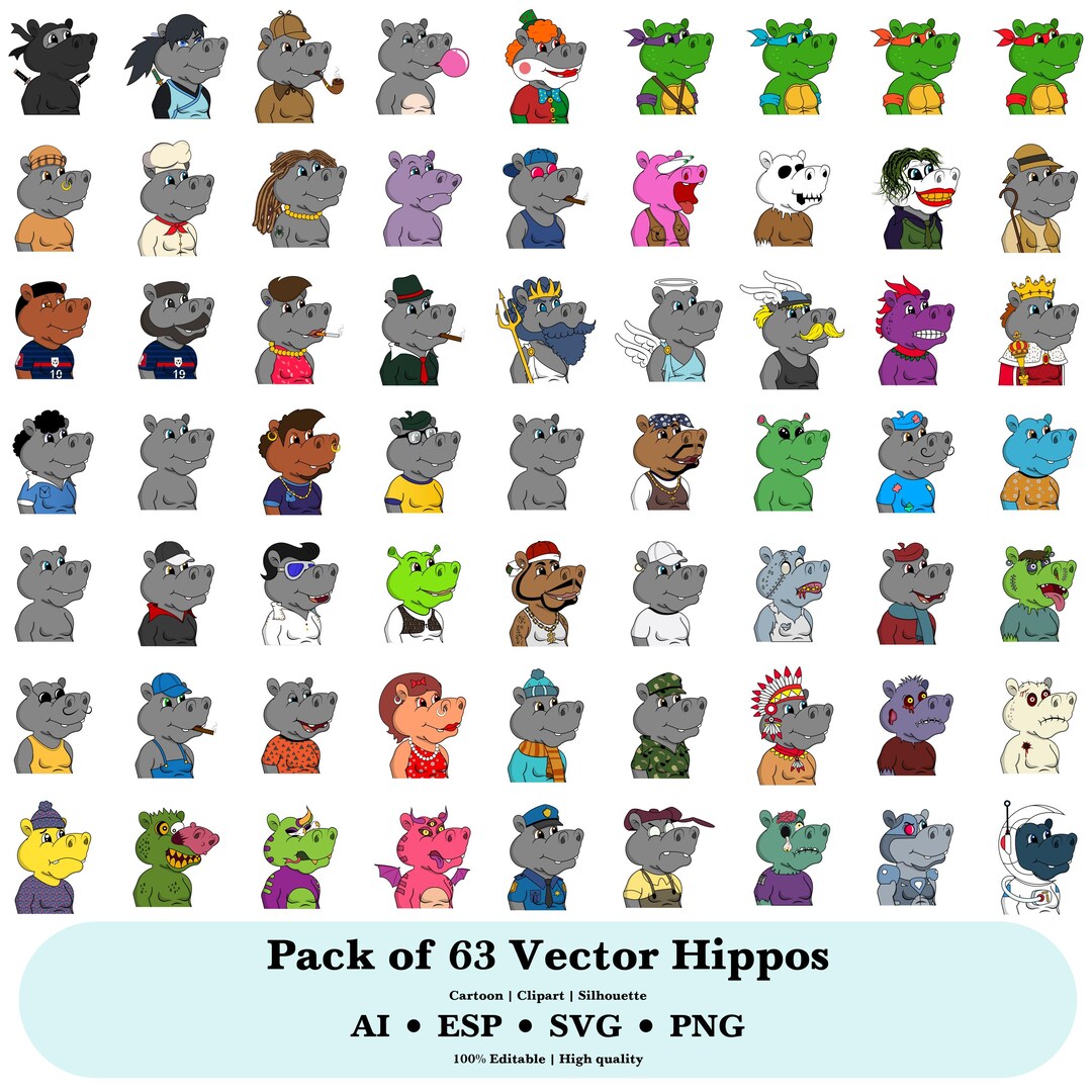 Hippo Vector Bundle: 63 Editable Designs (digital Download) - Etsy Canada
