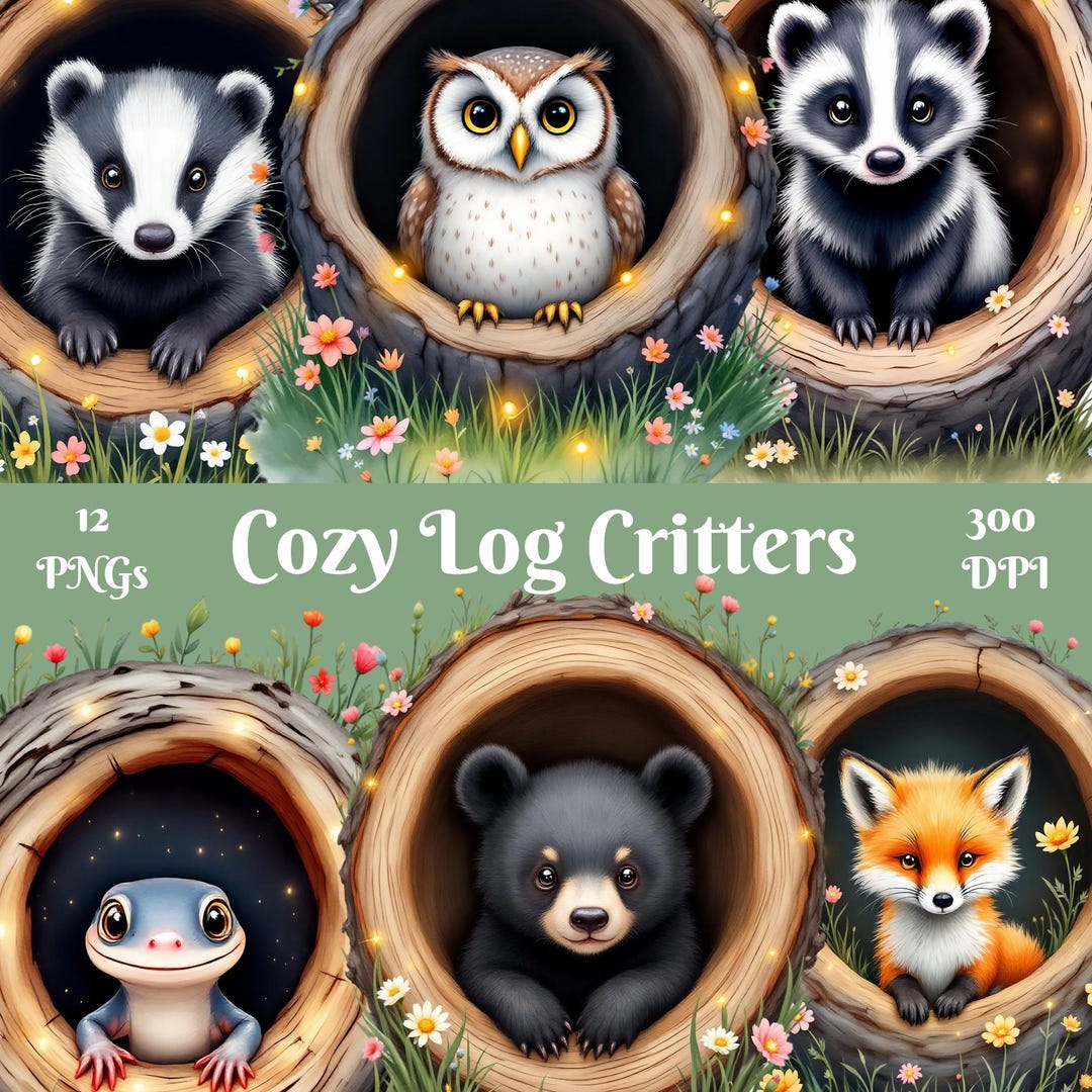 Woodland Animals Clipart: Cozy Log Critters PNG Bundle (digital ...