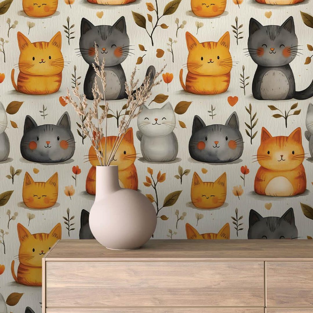 Cute Cat Wallpaper, Watercolor Kitten Wall Mural, Whimsical Feline Peel ...