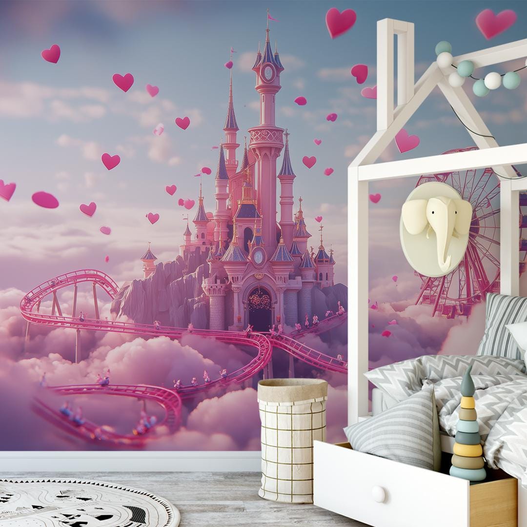 Fantasy Castle Wall Mural, Pink Dreamland Wallpaper, Fairy Tale Kids ...
