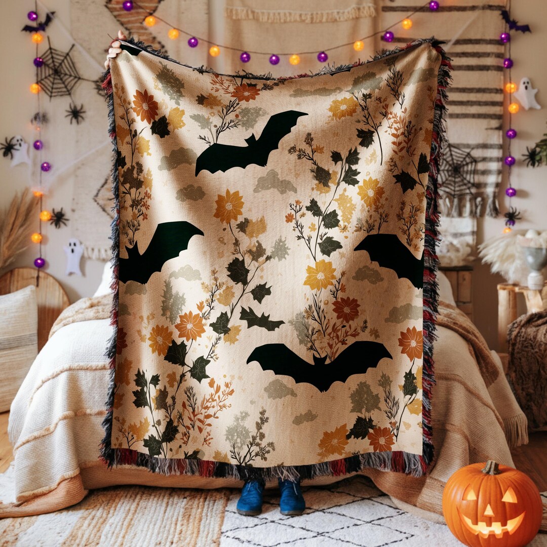 Woven Blanket Floral Bats Pattern Flowers Vintage Gothic Style Black ...