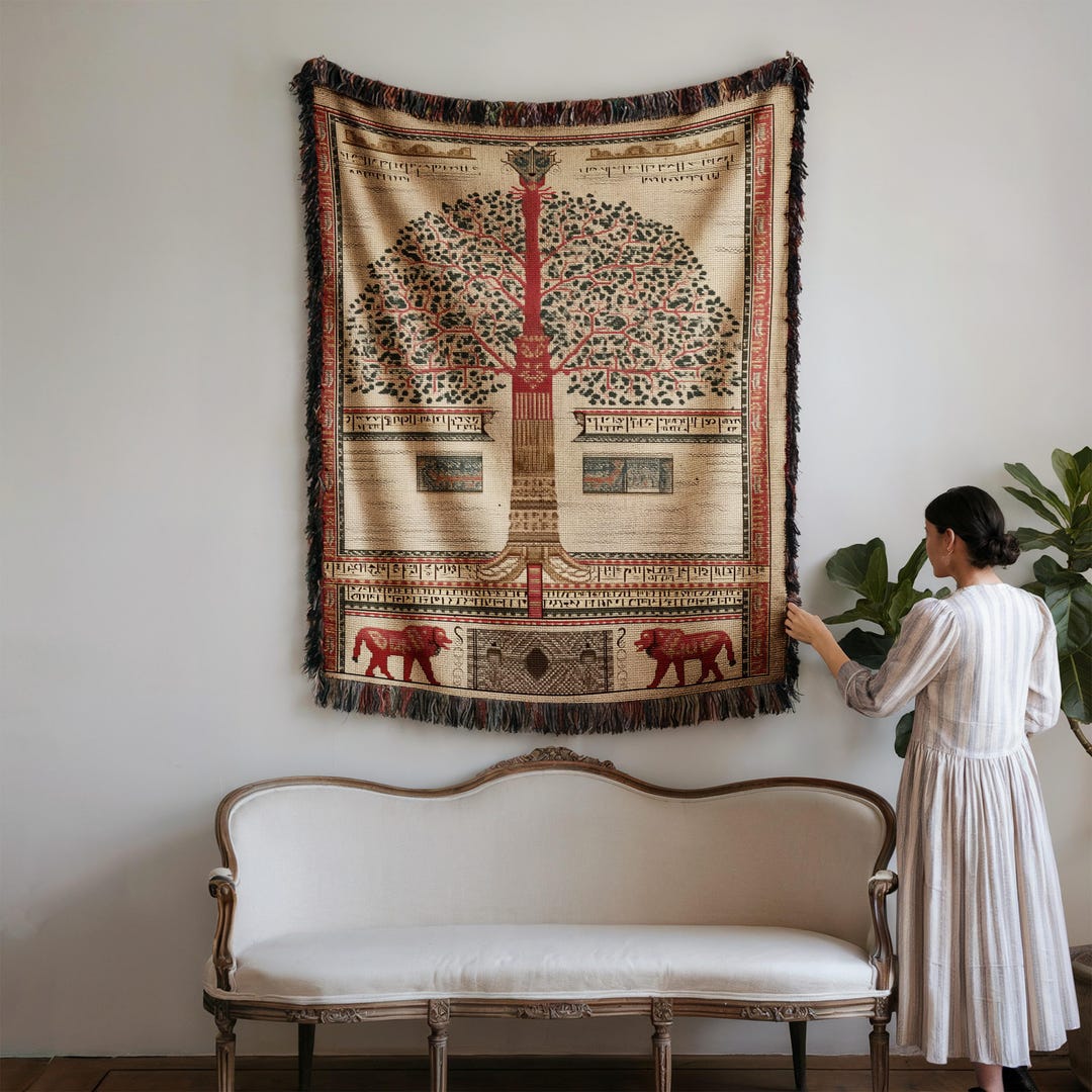 Blanket Assyrian Tree of Life Cuneiform Scrollwork Mesopotamian Lion ...