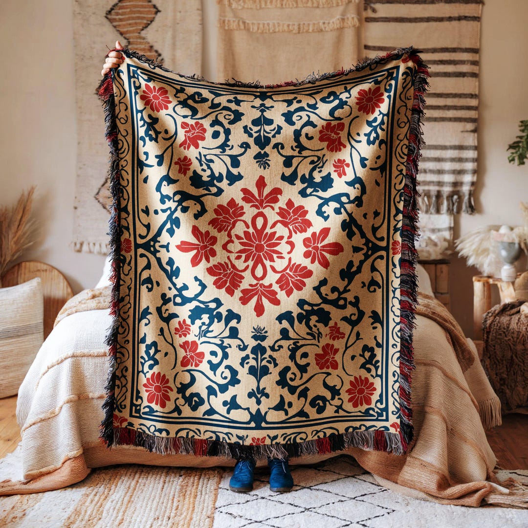 Blanket Floral Red Blue Patterned Throw - Cozy Boho Chic Decor ...