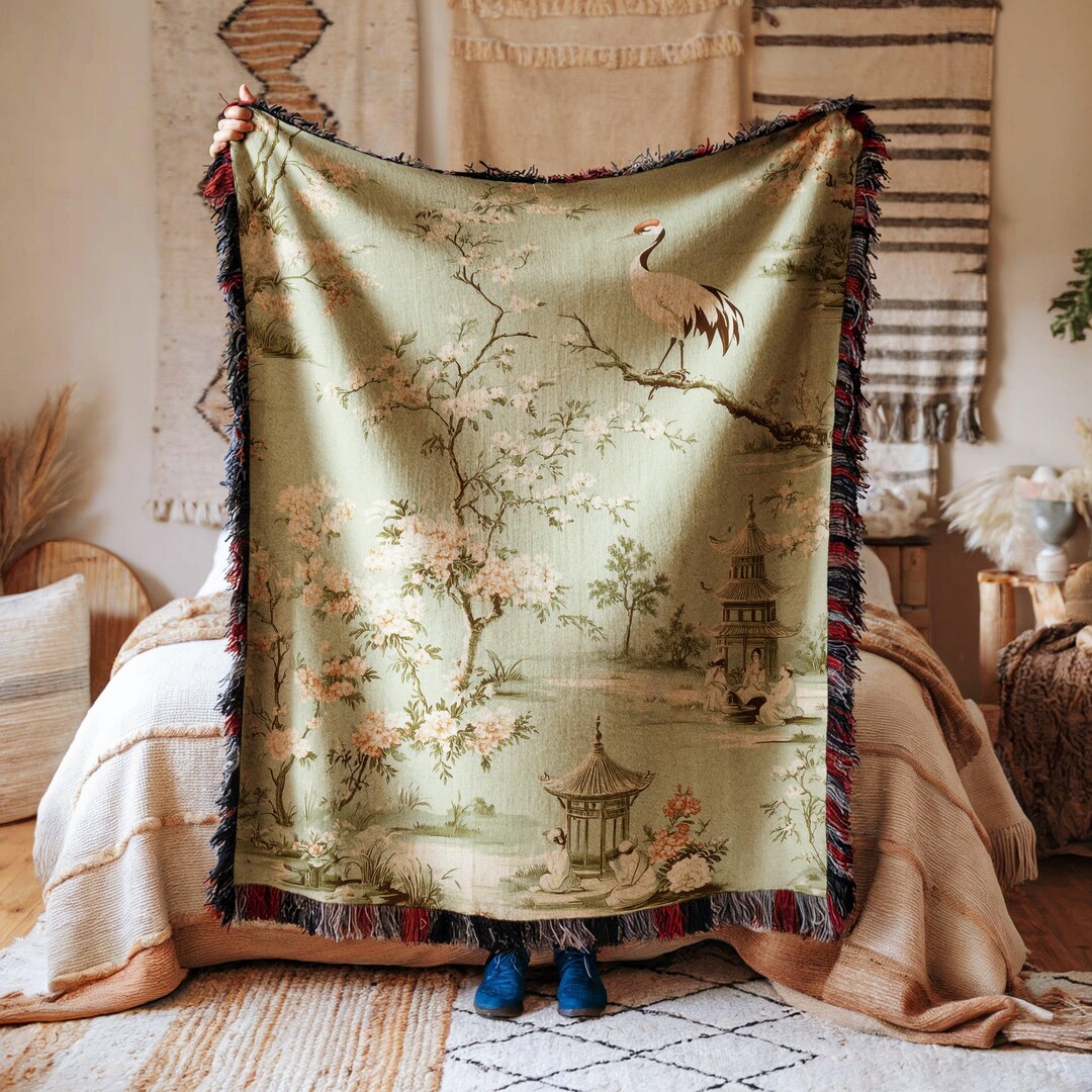 Blanket Handmade Elegant Asian Crane Throw Soft Floral Cozy Green ...