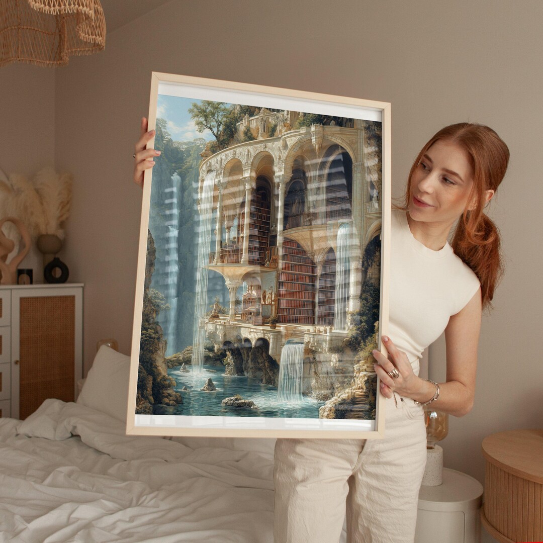 Canvas Magical Castle Library Waterfall Book Mystical Fantasy ...