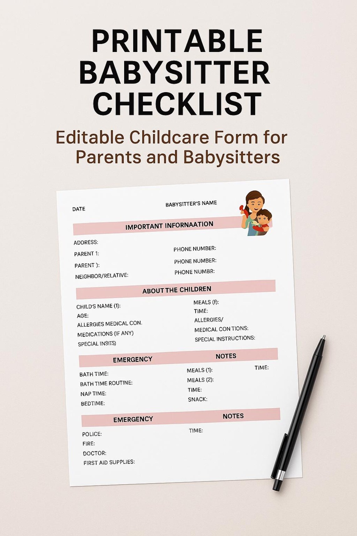 Printable Babysitter Checklist | Editable Childcare Template for ...