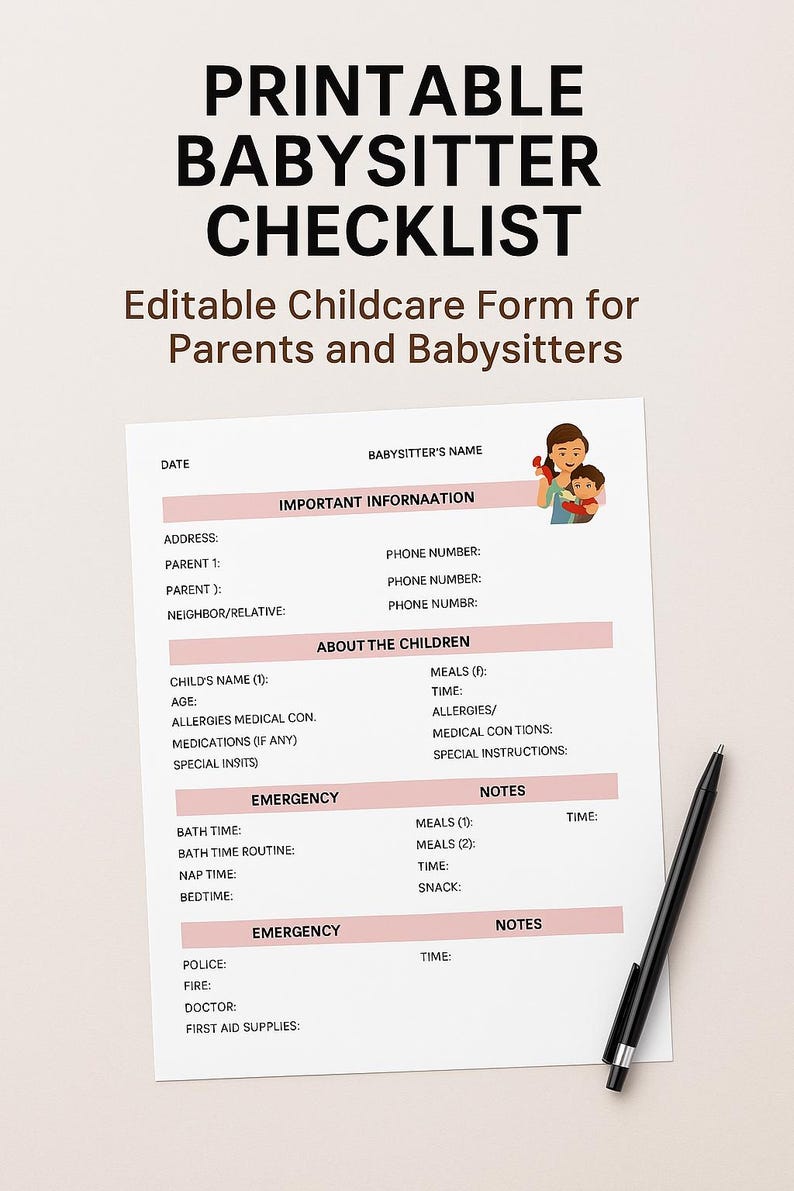 Printable Babysitter Checklist | Editable Childcare Template for Parents | Emergency Info ...