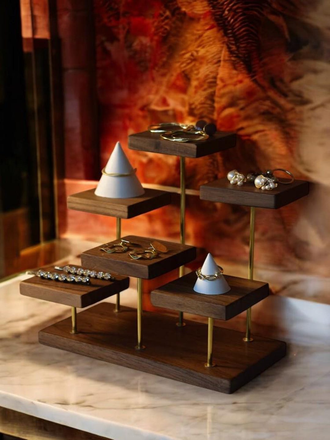 Black Walnut Jewelry Ladder Stand & Storage Shelf Set Elegant Organizer ...