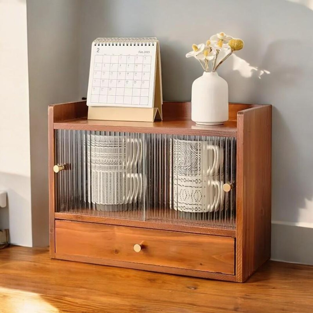 Solid Wood Tea Set Storage Box Desktop Cabinet With Sliding Glass Door ...