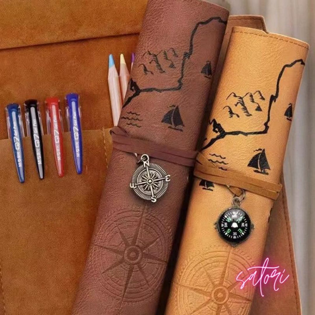 Vintage Leather Treasure Map Pencil Case, Large Roll Storage, Embossed ...