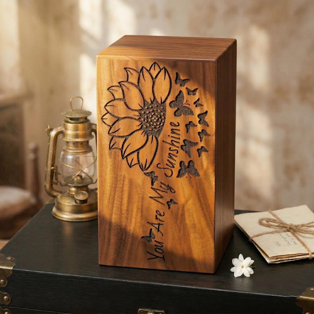 Elegant Wooden Cremation Urn - Sunflower Butterfly Engraved Memorial ...
