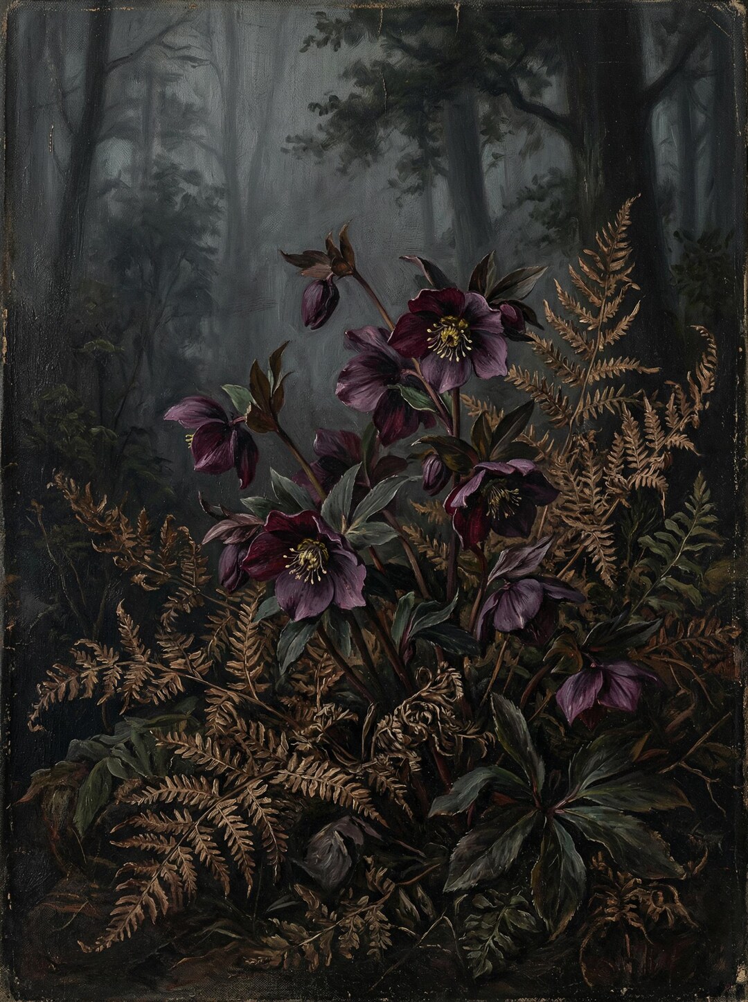 Moody Dark Forest Floral Art, Burgundy Hellebore Print, Victorian ...
