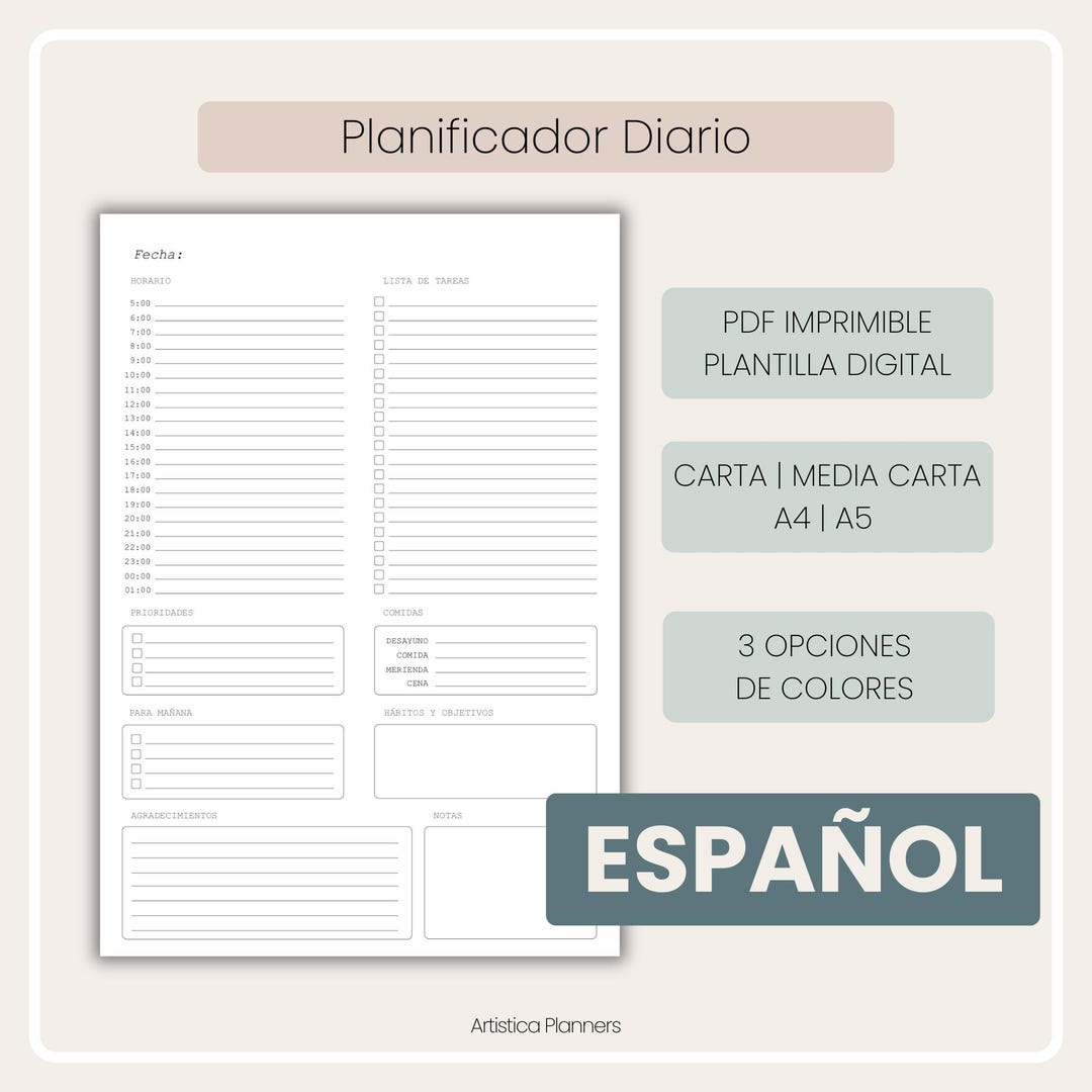 SPANISH Daily Planner Printable: Vertical Layout. Sizes A4, A5, Letter ...
