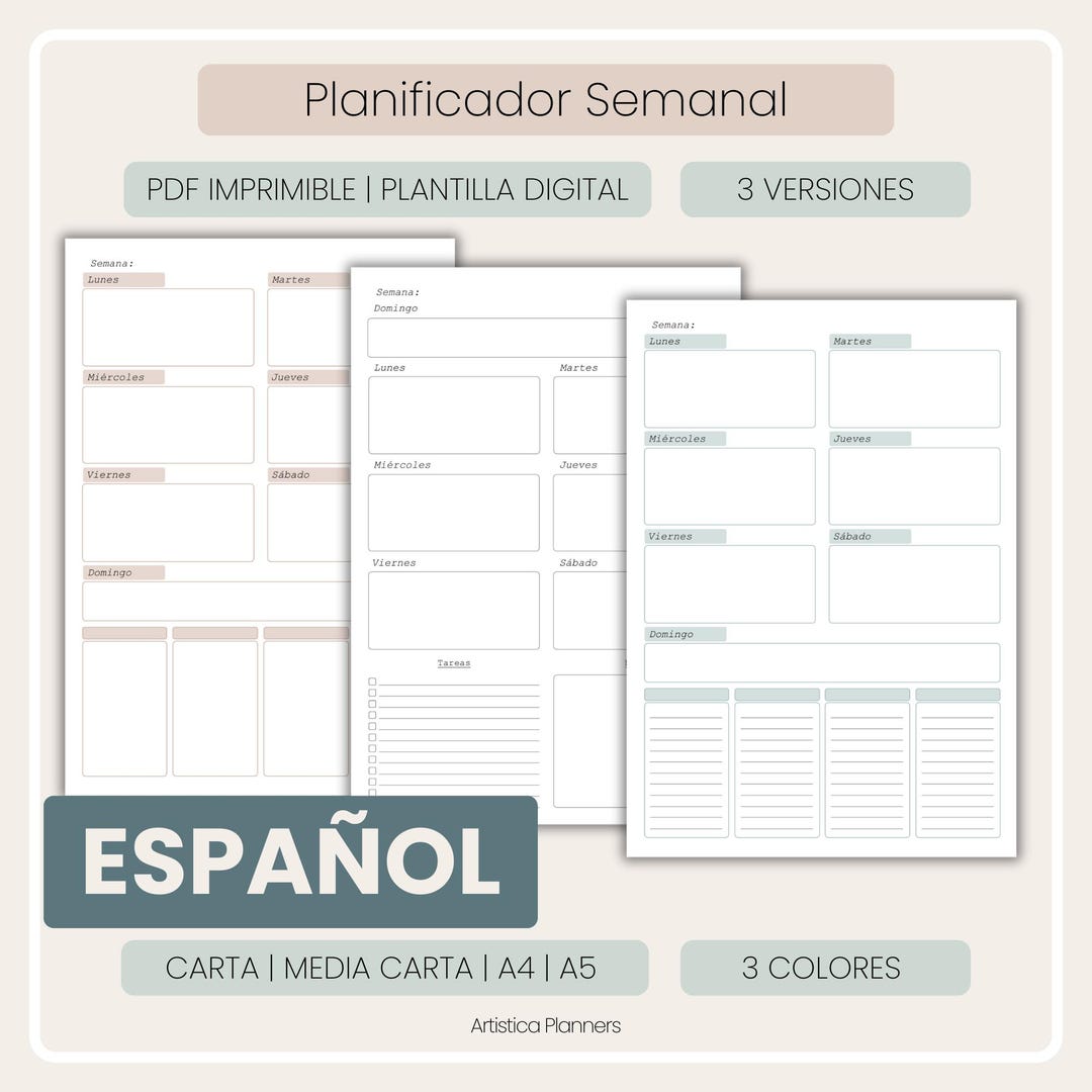 SPANISH Weekly Planner Printable: Vertical Layout. Sizes A4, A5, Letter ...