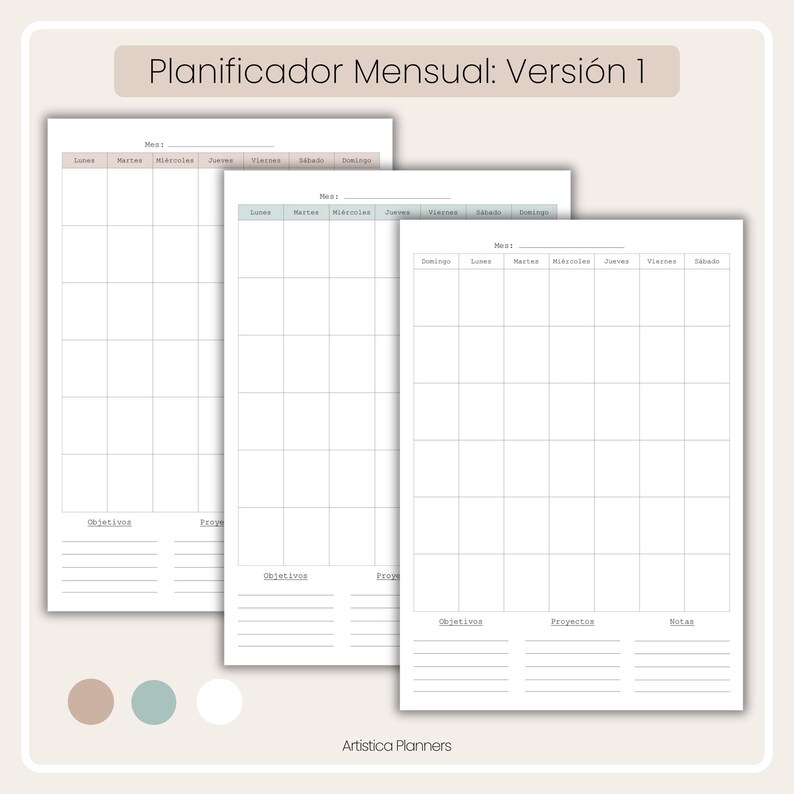 SPANISH Undated Monthly Planner: Vertical Layout. Sizes A4, A5, Letter ...