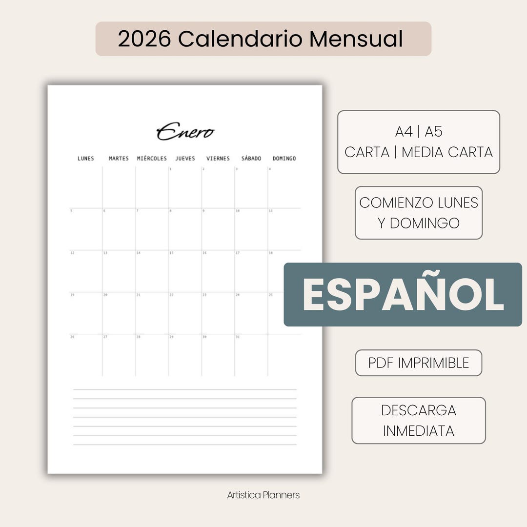 SPANISH 2026 Monthly Calendar: Monday Sunday Start. A4, A5, Letter ...