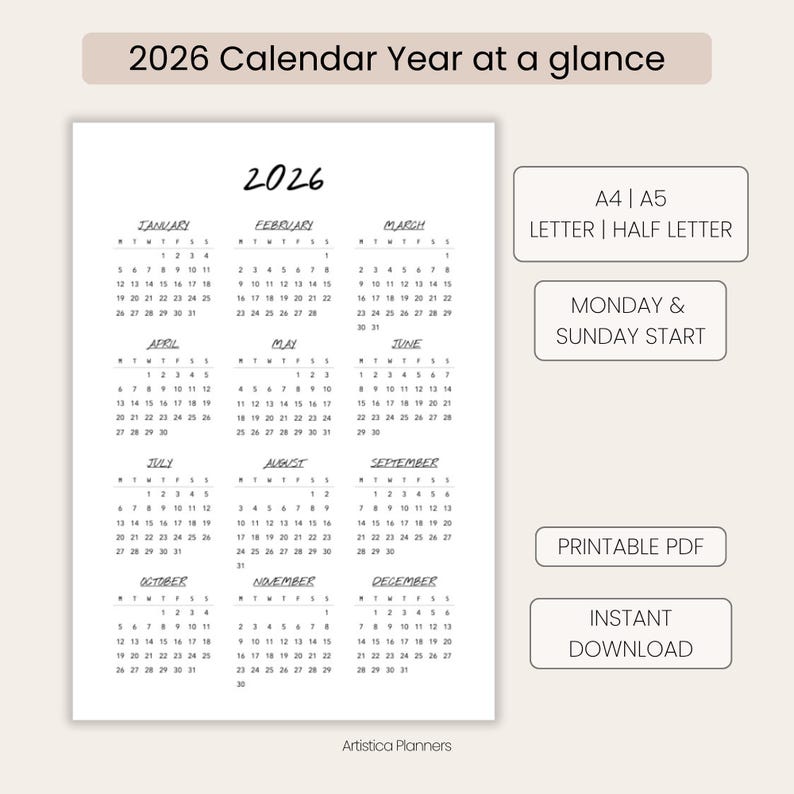 2026 Calendar: Year at a Glance. Monday-sunday Start. A4, A5, Letter ...