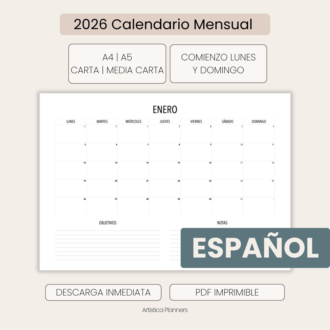 SPANISH 2026 Monthly Calendar: Monday Sunday Start. A4, A5, Letter ...
