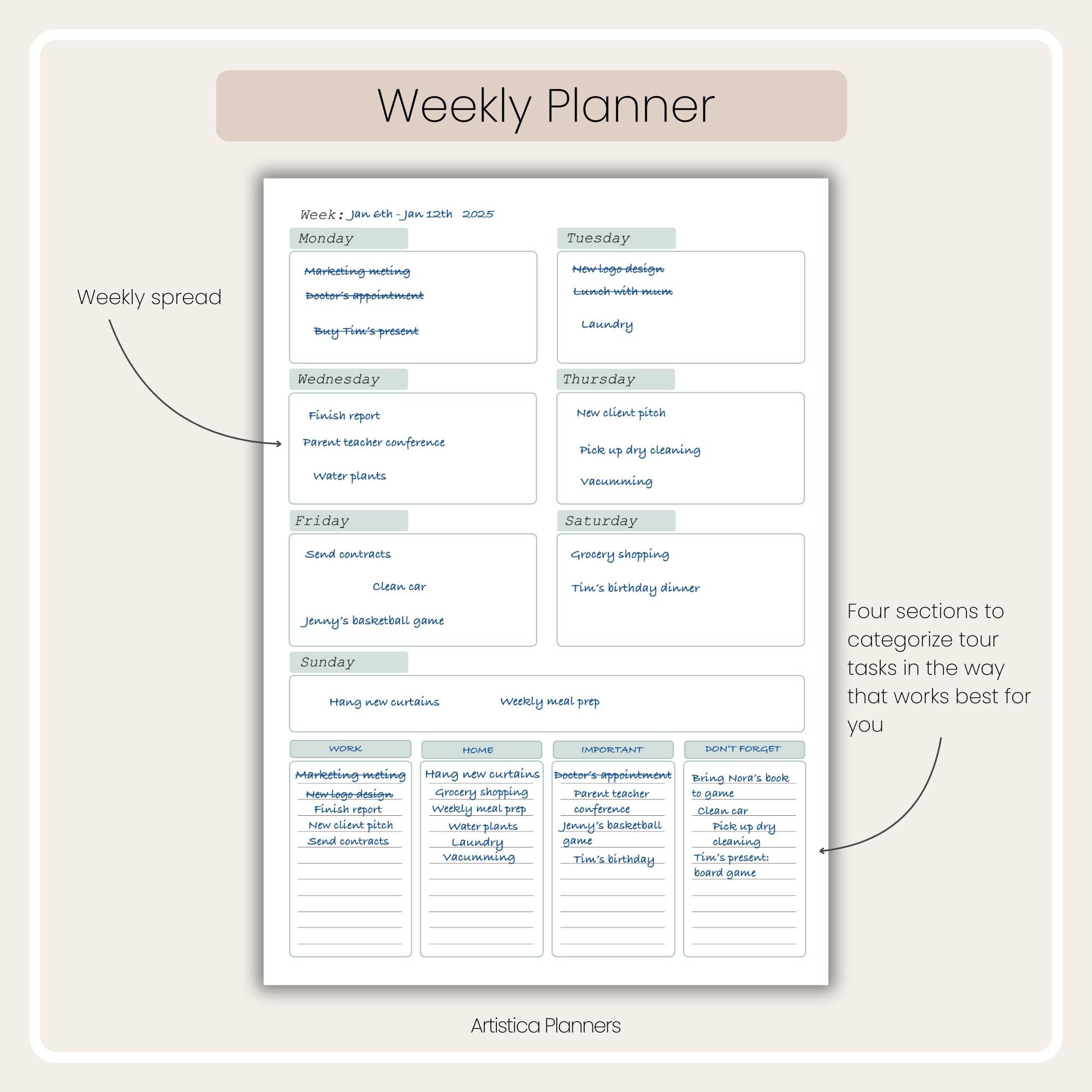 Weekly Planner Printable: Vertical Layout. Sizes A4, A5, Letter, Half ...