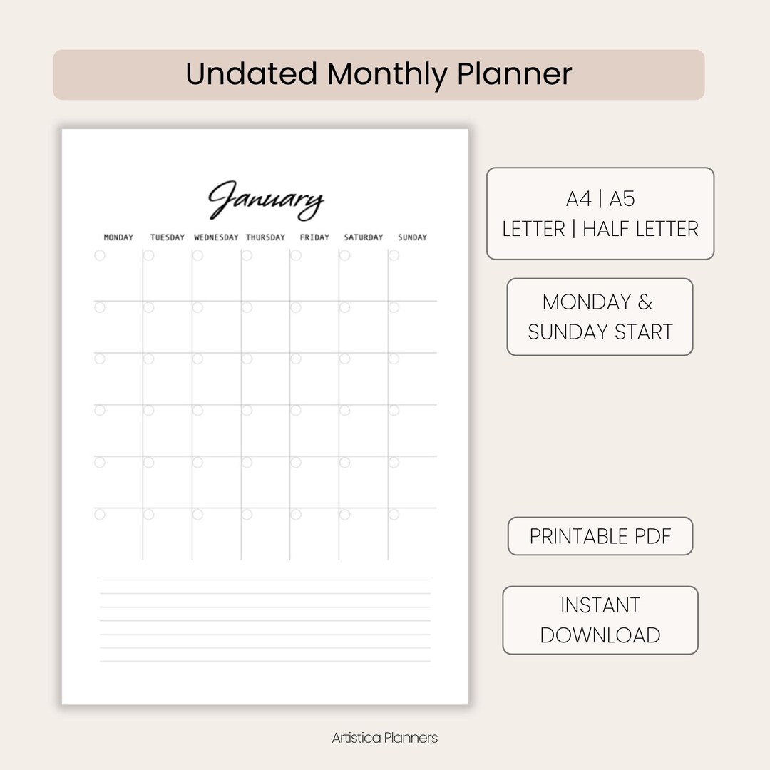 Undated Monthly Planner Printable: Vertical Layout. Sizes A4, A5 ...