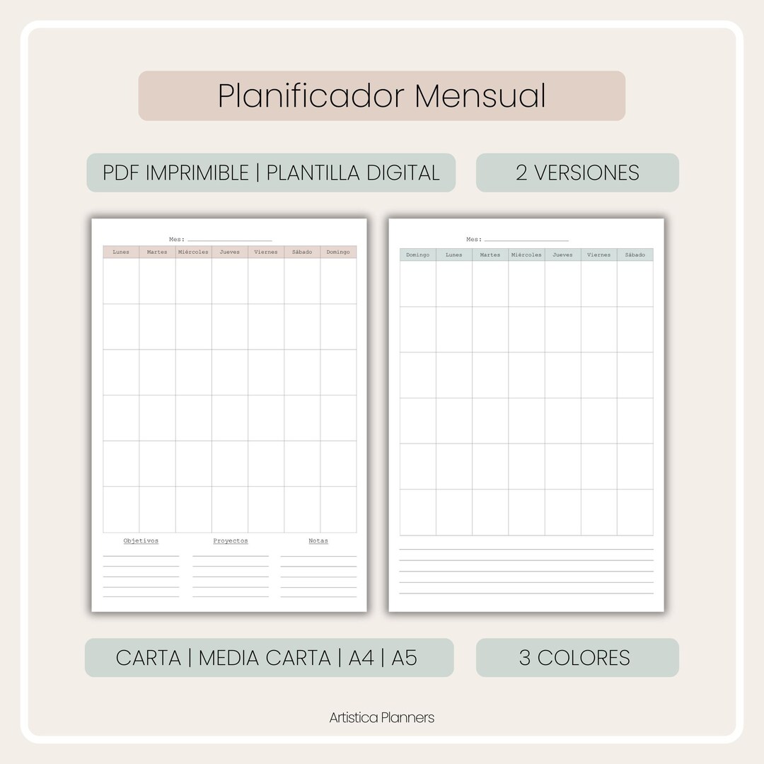 Calendario Sin Fecha | Plantilla Imprimible | Organizador Mensual ...