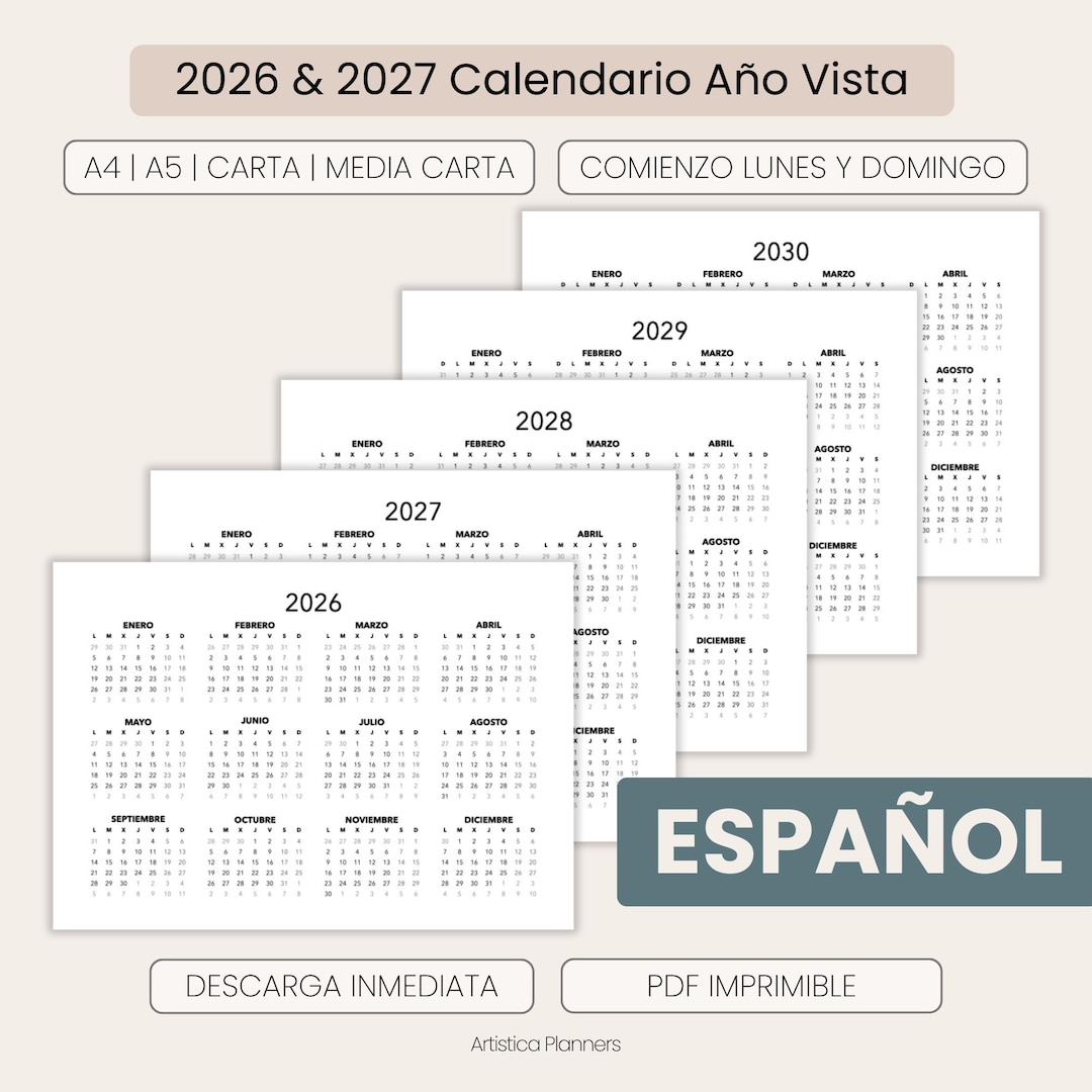 SPANISH 2026-2030 Calendars: Year at a Glance. Monday-sunday Start. A4 ...