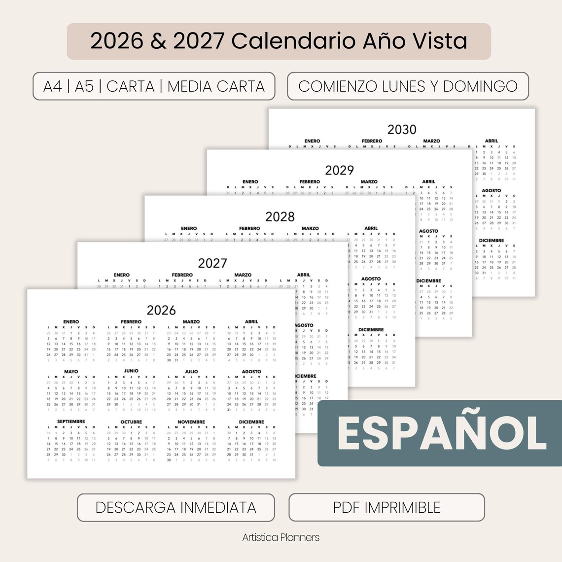SPANISH 2026-2030 Calendars: Year at a Glance. Monday-sunday Start. A4 ...