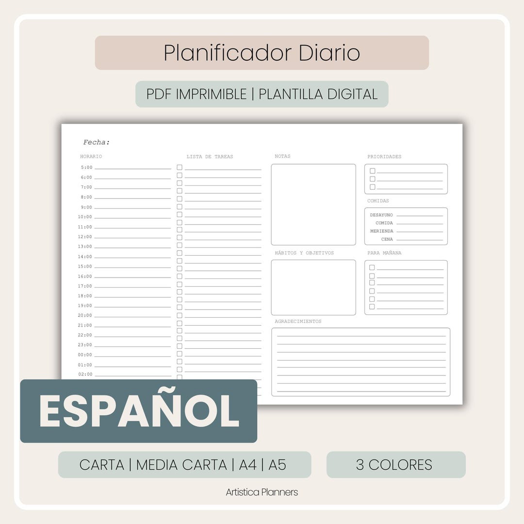 SPANISH Daily Planner Printable: Horizontal Layout. Sizes A4, A5 ...