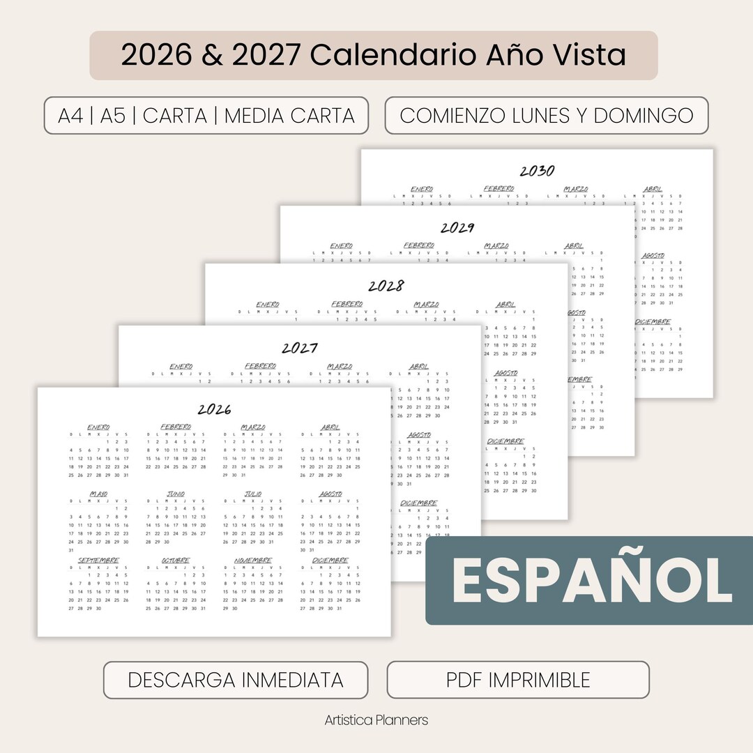 SPANISH 2026-2030 Calendars: Year at a Glance. Monday-sunday Start. A4 ...