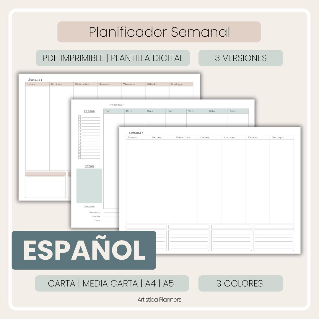 SPANISH Weekly Planner Printable: Vertical Layout. Sizes A4, A5, Letter ...