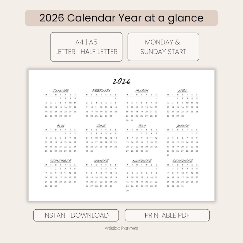 2026 Calendar: Year at a Glance. Monday-sunday Start. A4, A5, Letter ...