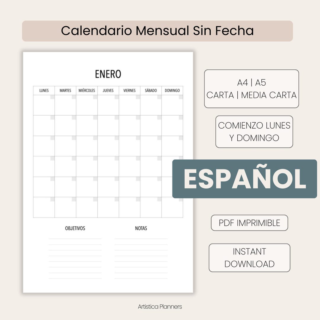SPANISH Undated Monthly Planner: Vertical Layout. Sizes A4, A5, Letter ...