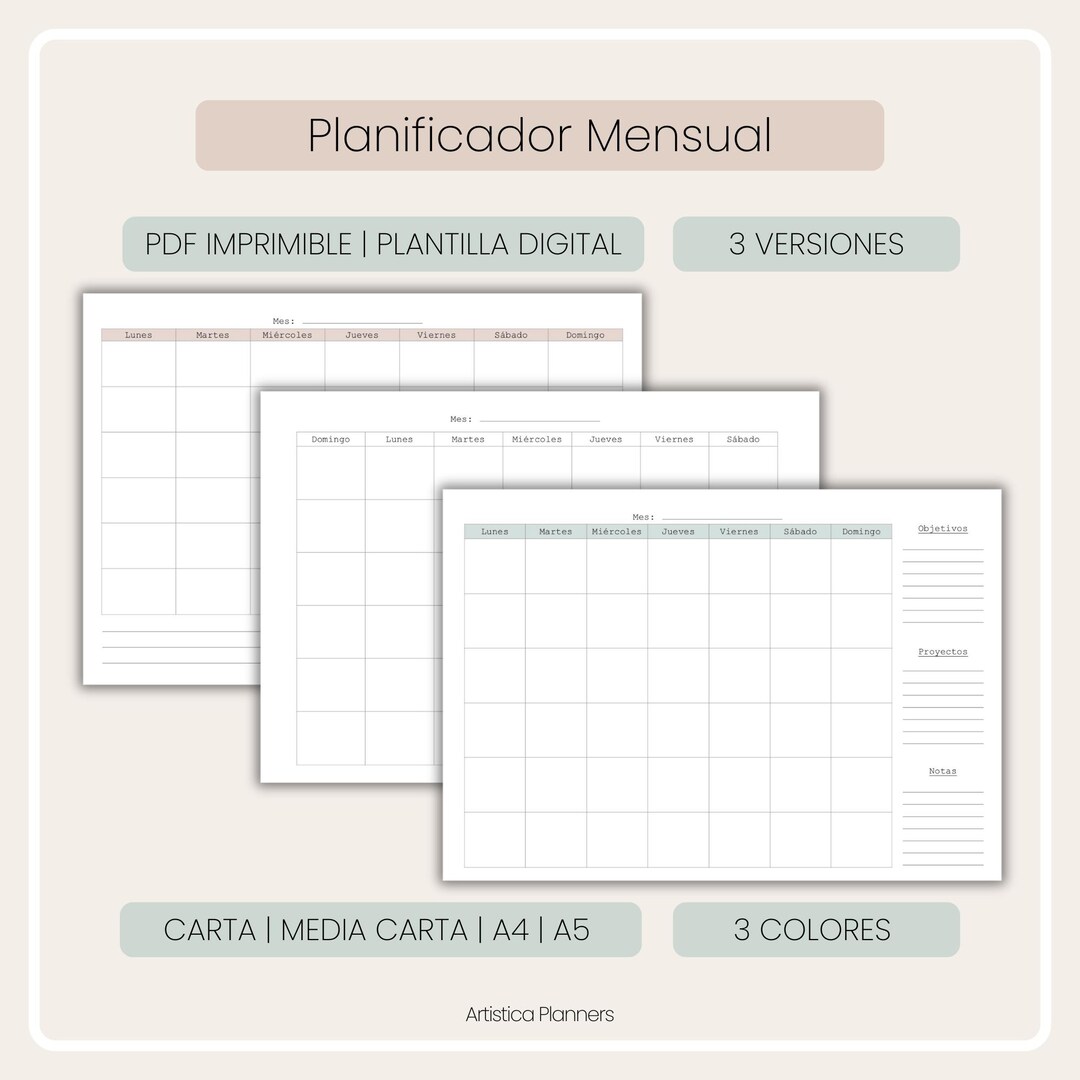 Calendario Sin Fecha | Plantilla Imprimible | Organizador Mensual ...