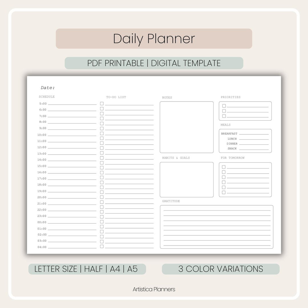 Daily Planner Printable: Horizontal Layout. Sizes A4, A5, Letter, Half ...