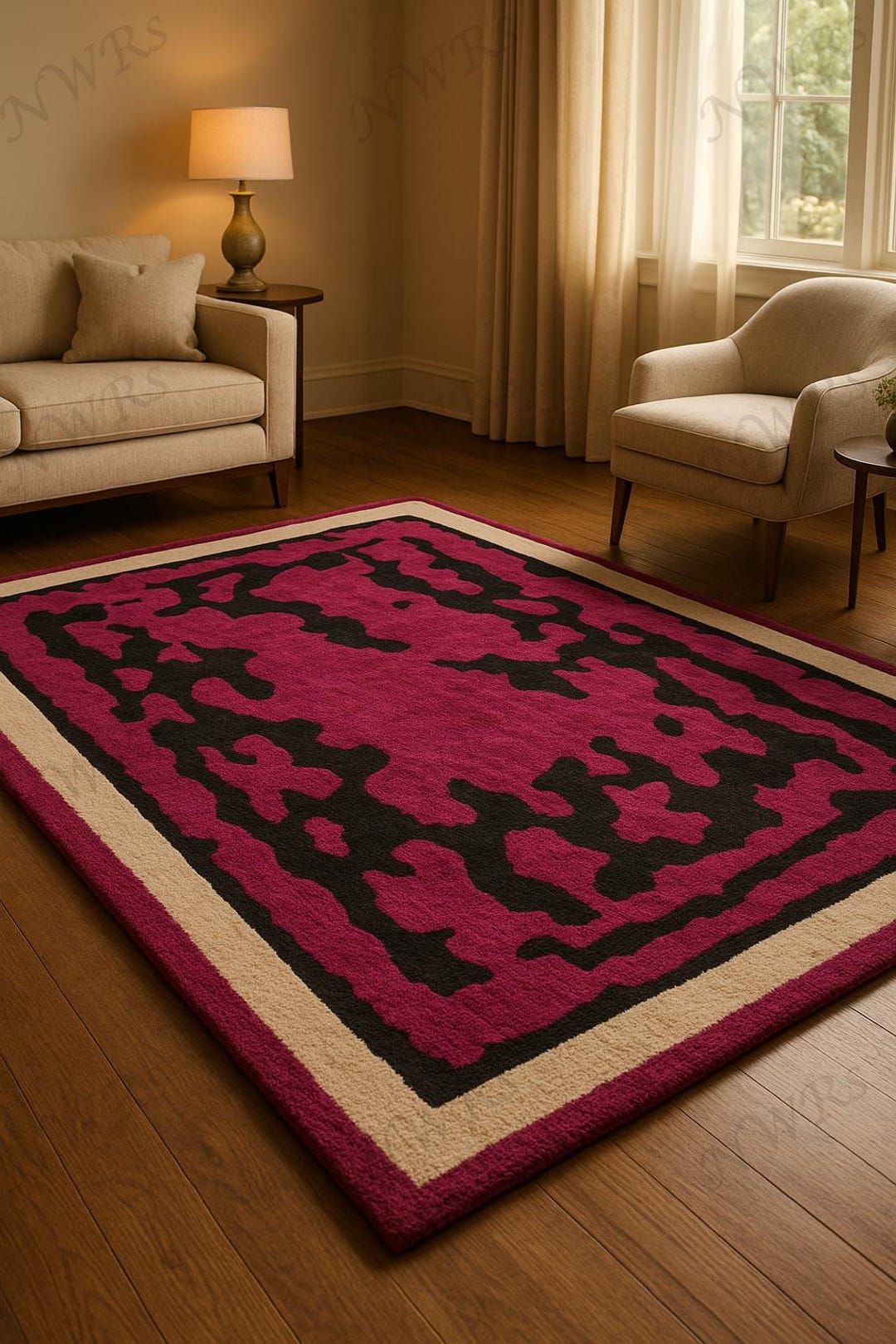 Magenta & Black Abstract Wool Rug | Handmade Designer Carpet - Etsy