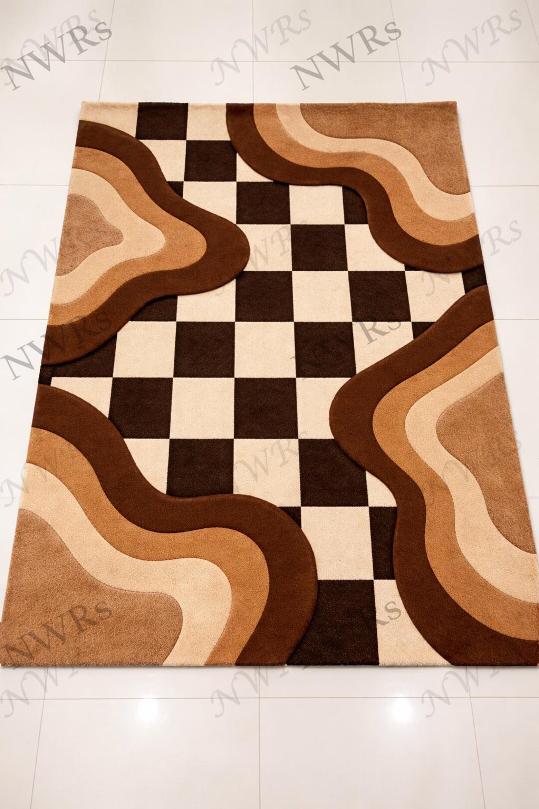 Hand Tufted Wool Rug Cocoa Matrix Modern Wave Checkerboard Abstract ...