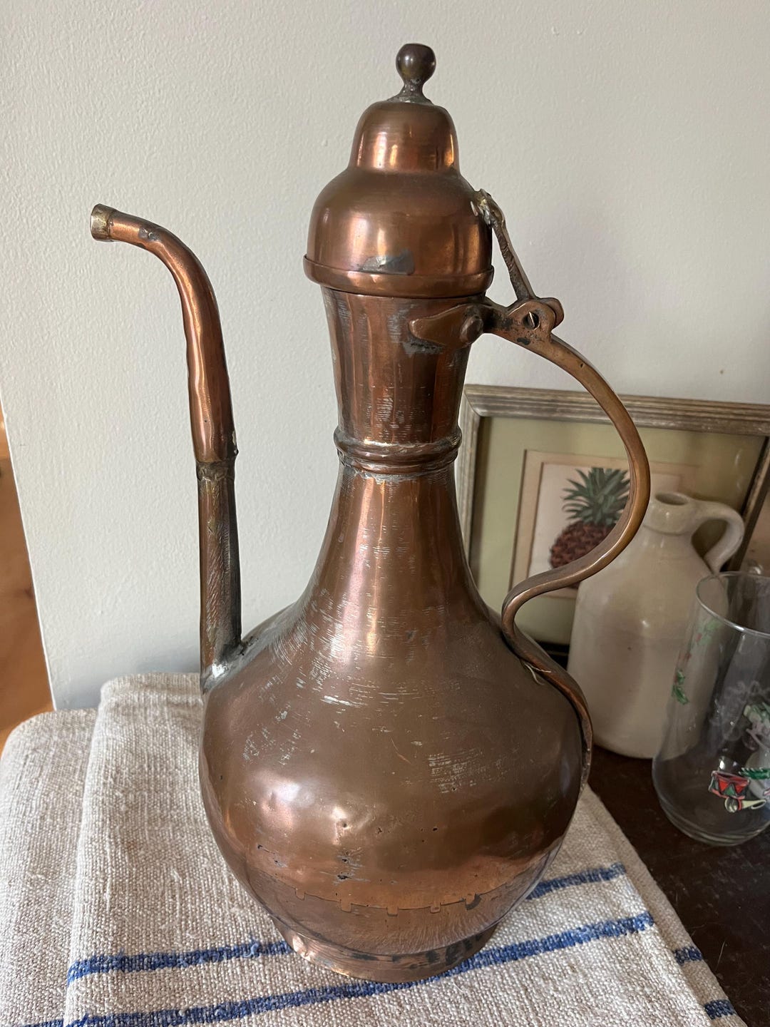 Vintage Copper Pitcher ~ Handcrafted Middle Eastern Water Ewer ~ Rustic ...