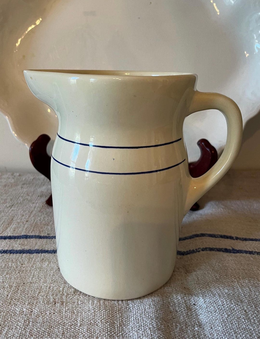 Vintage Blue Striped Pitcher ~ Utensil Holder ~ Cream and Blue ~ French ...