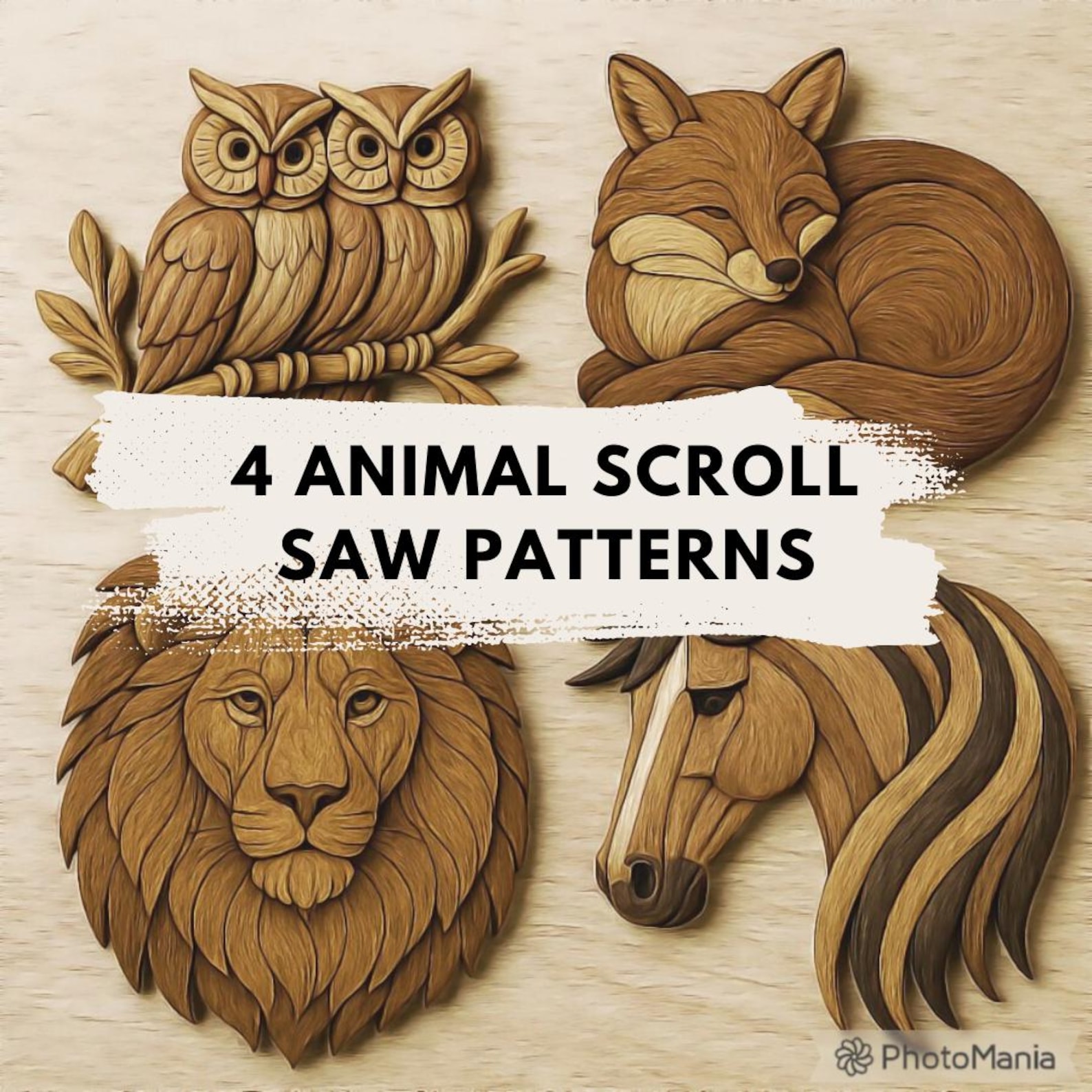 4 Animal Intarsia Scroll Saw Patterns PDF Bundle - Horse, Fox, Lion, Owls - DIY Woodworking ...