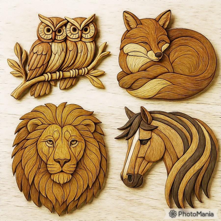 4 Animal Intarsia Scroll Saw Patterns PDF Bundle - Horse, Fox, Lion, Owls - DIY Woodworking ...