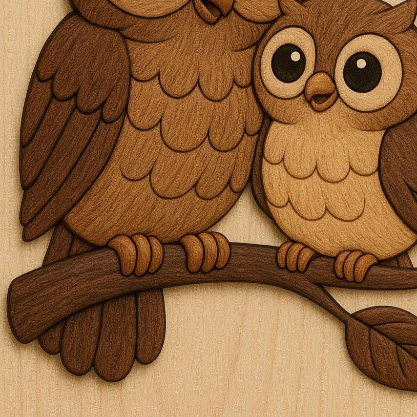 Owl Intarsia Pattern PDF - DIY Scroll Saw Woodworking Plan - Parent and Baby Owls on Branch ...