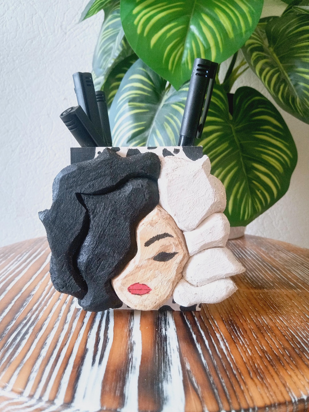 Linden Wood Pencil Holder - Black Spot Patterns and Female Face in ...