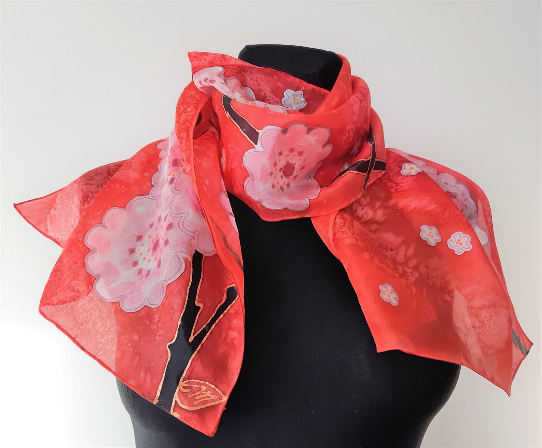 Red Hand Painted Silk Scarf With Pink Flowers Oriental Blossom ...